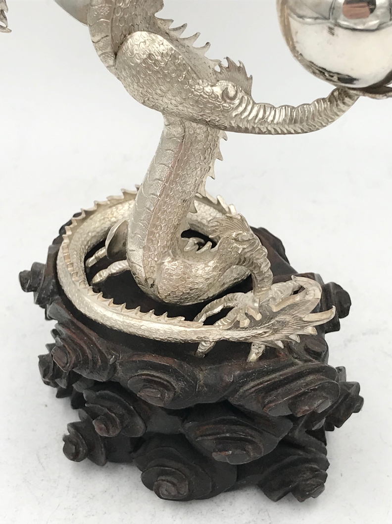 Pair of Chinese Export Silver Dragon Candelabra - S&J Stodel